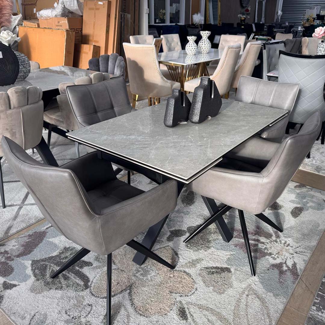 120cm Phoenix Extendable Ceramic Dining Table and 4 Grey Sahara Chairs